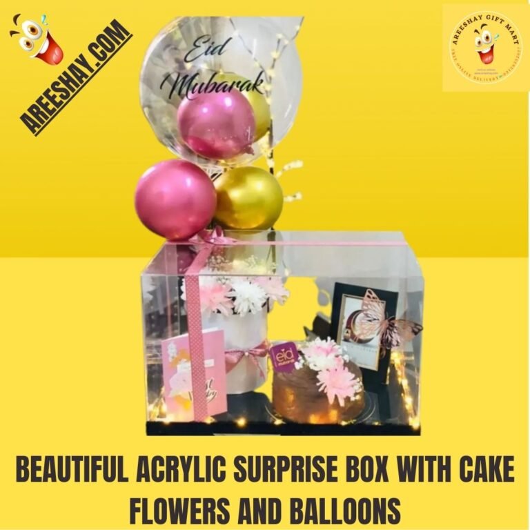 BEAUTIFUL ACRYLIC SURPRISE BOX WITH CAKE FLOWERS AND BALLOONS | Send ...